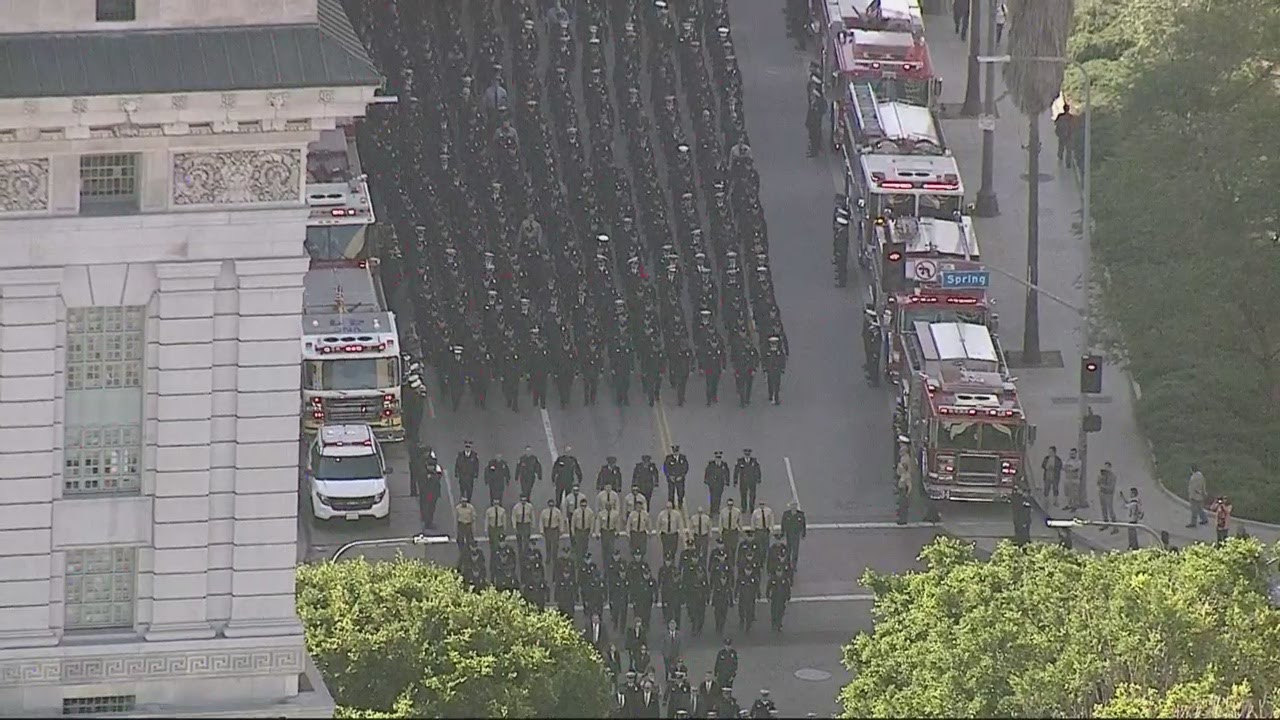 Aerial View of Procession for LA Firefighter Killed In Fall ...