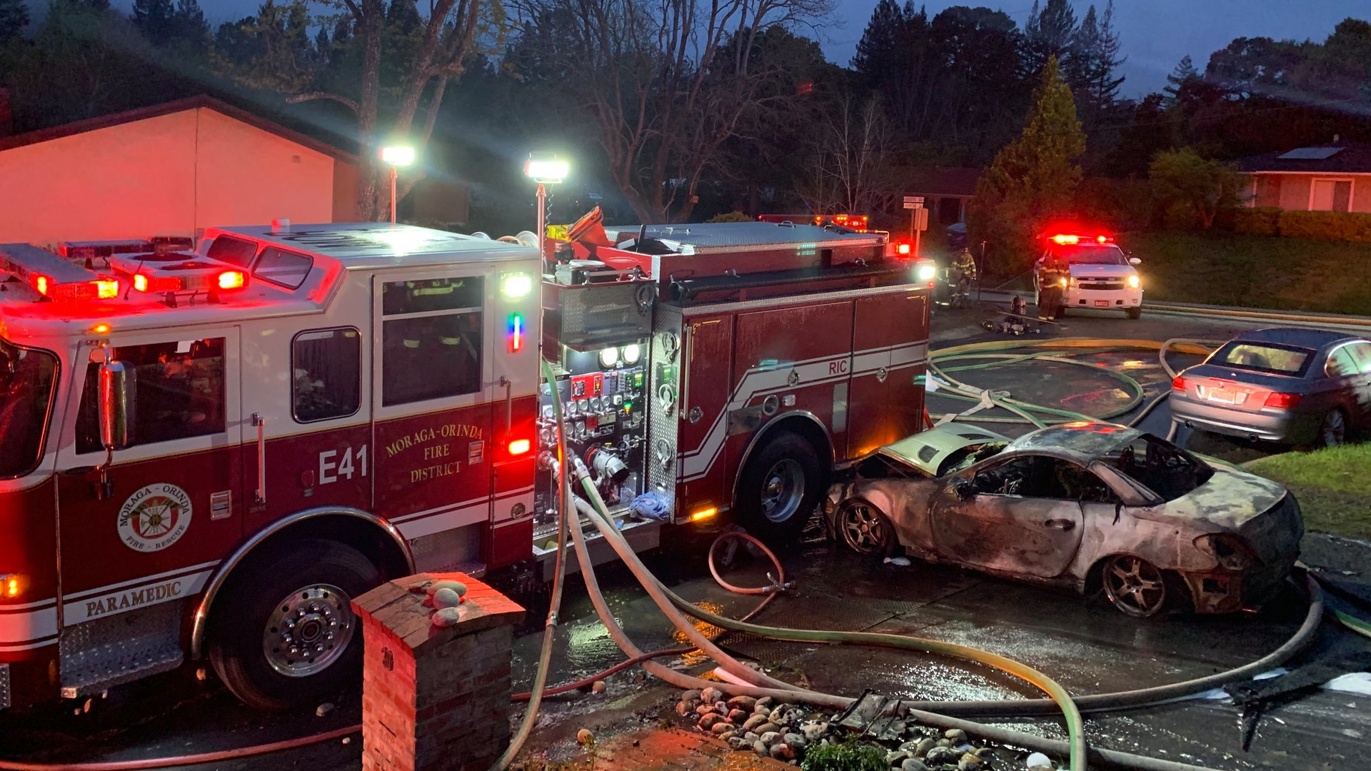 Flaming Car Rolls into Apparatus as CA Firefighters Battle House Fire ...