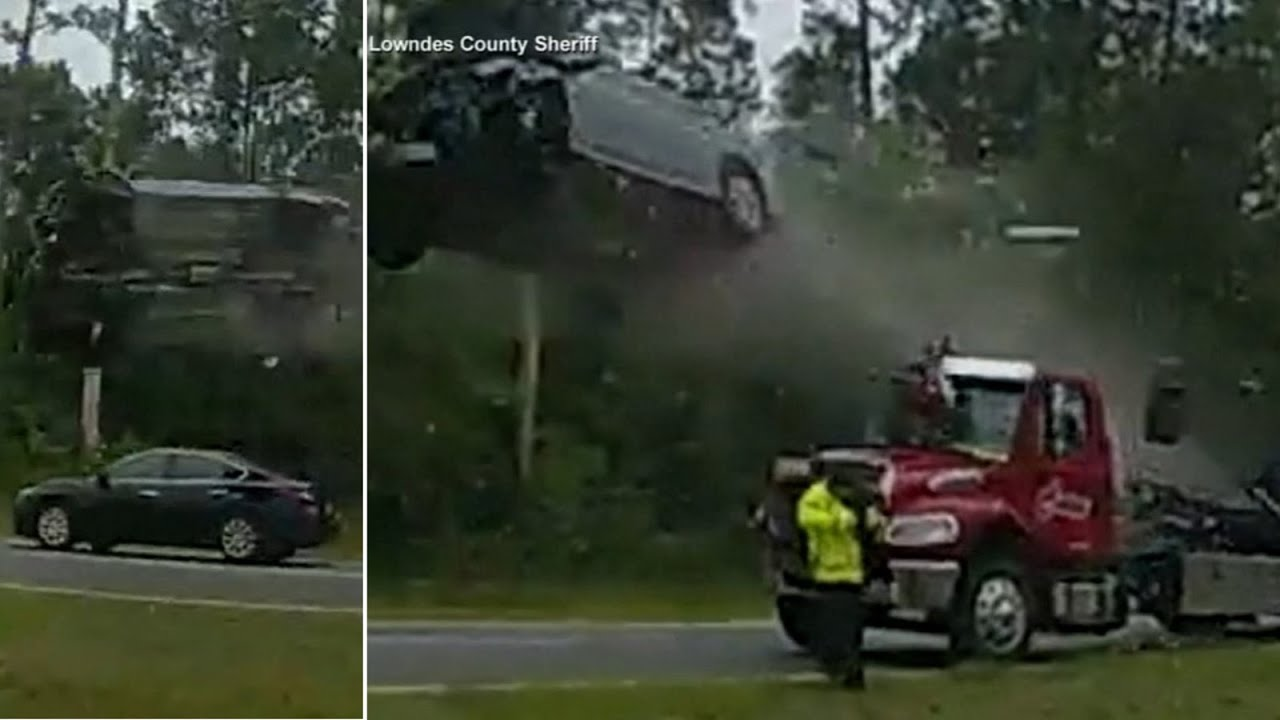 Car Launches off Ramp of Rollback on GA Highway | Firehouse