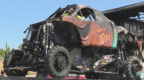 Scooby Doo and Megalodon Monster Jam Trucks Damaged by Fire on Highway ...